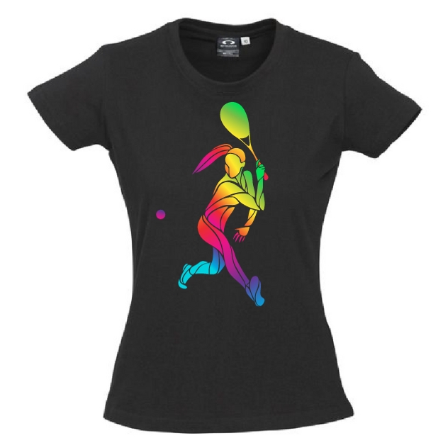 Neon Female Squash Player - Black Cotton Tee Women // Squash.com.au